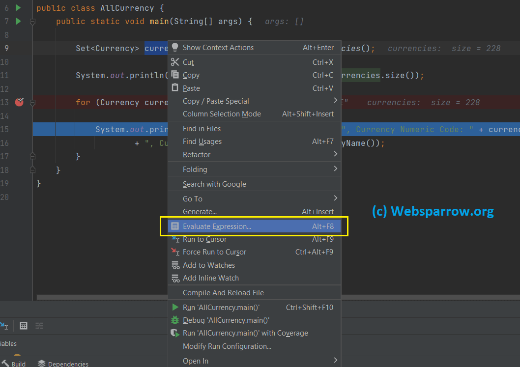 Shortcut Key To Evaluate Expression variable In IntelliJ IDEA Websparrow